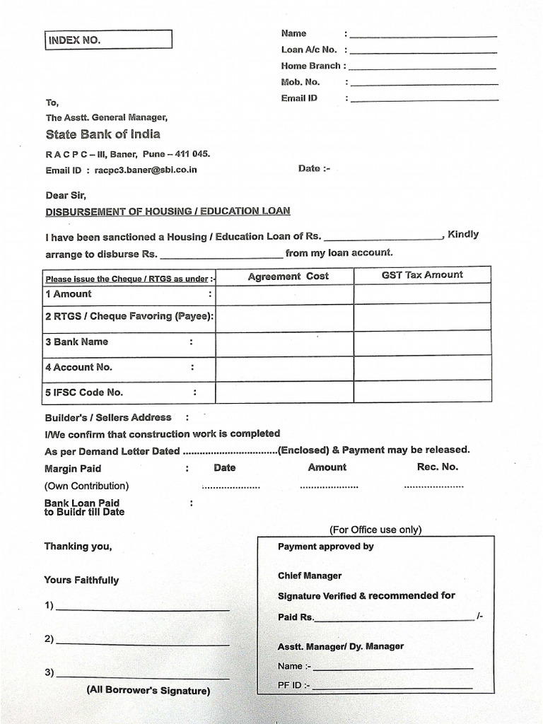 SBI Loan Disbursement Request Form | PDF