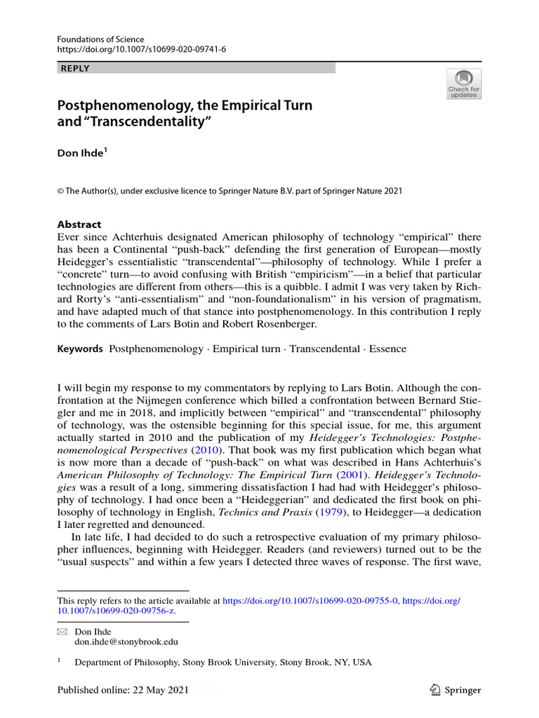 ! Ihde (2021) Postphenomenology, The Empirical Turn and Transcendentality' (Phen) | PDF ...