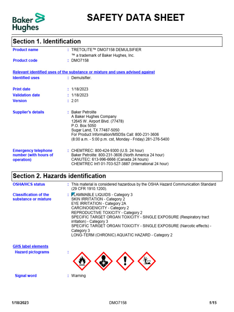 Tretolite™ Dmo7158 Demulsifier | PDF | Toxicity | Occupational Safety ...