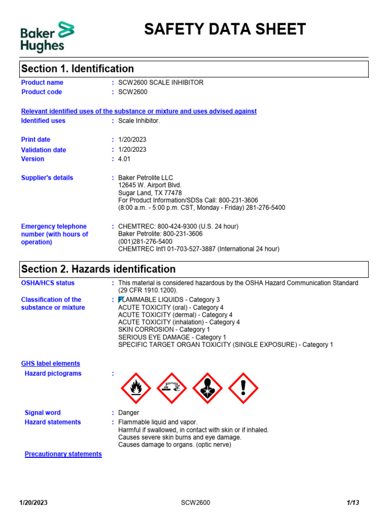 SCW2600 Scale Inhibitor | PDF | Toxicity | Occupational Safety And Health