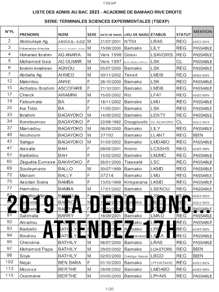 ADMIS BAC 2023 TSExp BKO RD | PDF