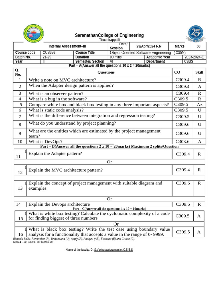 2 CCS356 Ia3 Oose QP 23-4-24 | PDF | Software Engineering | Computing