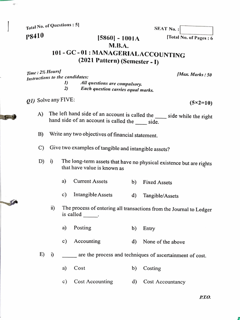 Managerial Accounting Exam Questions | PDF | Depreciation | Debits And ...
