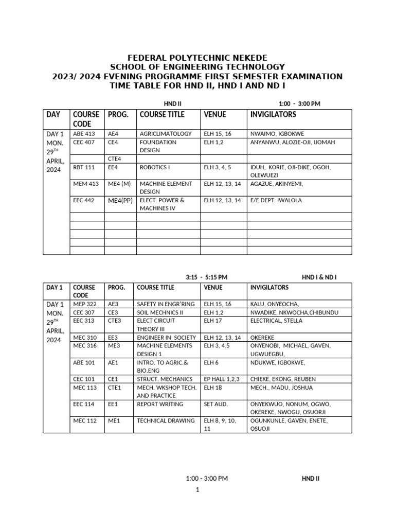 Set 1st Sem. (E.p) Exam Time Table 2024 For Hnd1, Hnd2 and Nd1 | PDF | Science | Mathematics