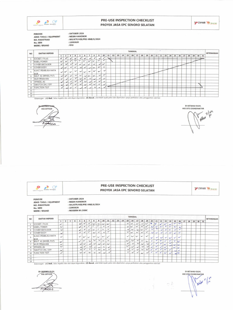 02. Pre-Use Inspection Mesin Handbor Periode Oktober 2024 | PDF