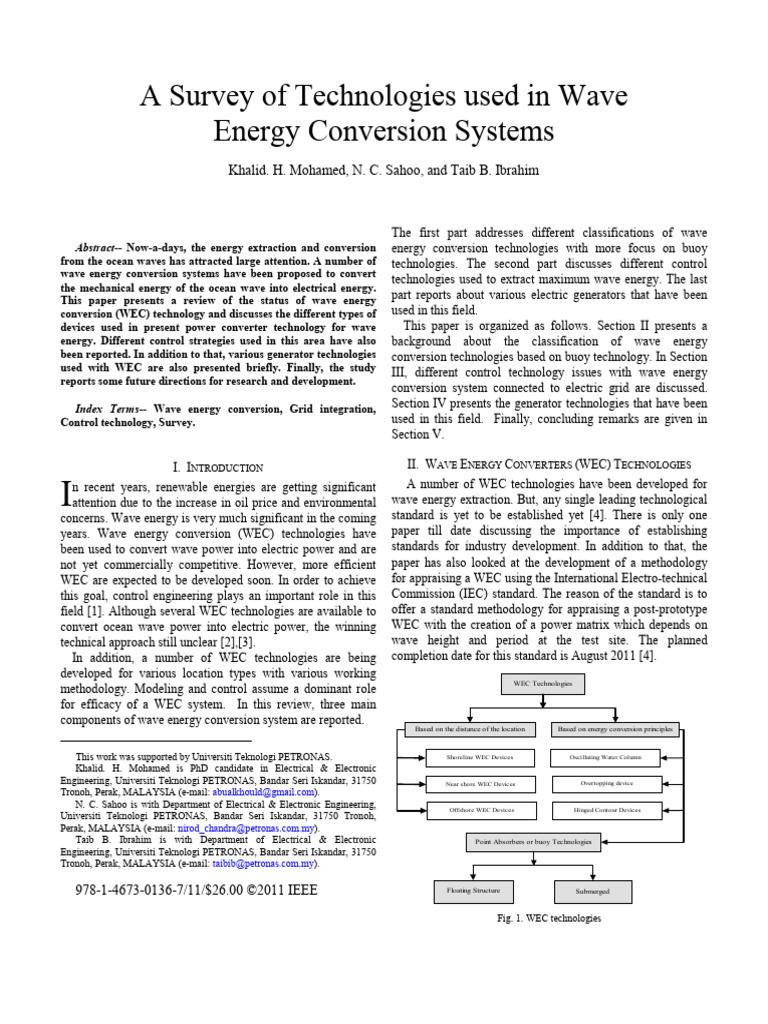 2011 A Survey of Technologies Used in Wave Energy Conversion Systems | PDF | Electric Generator ...