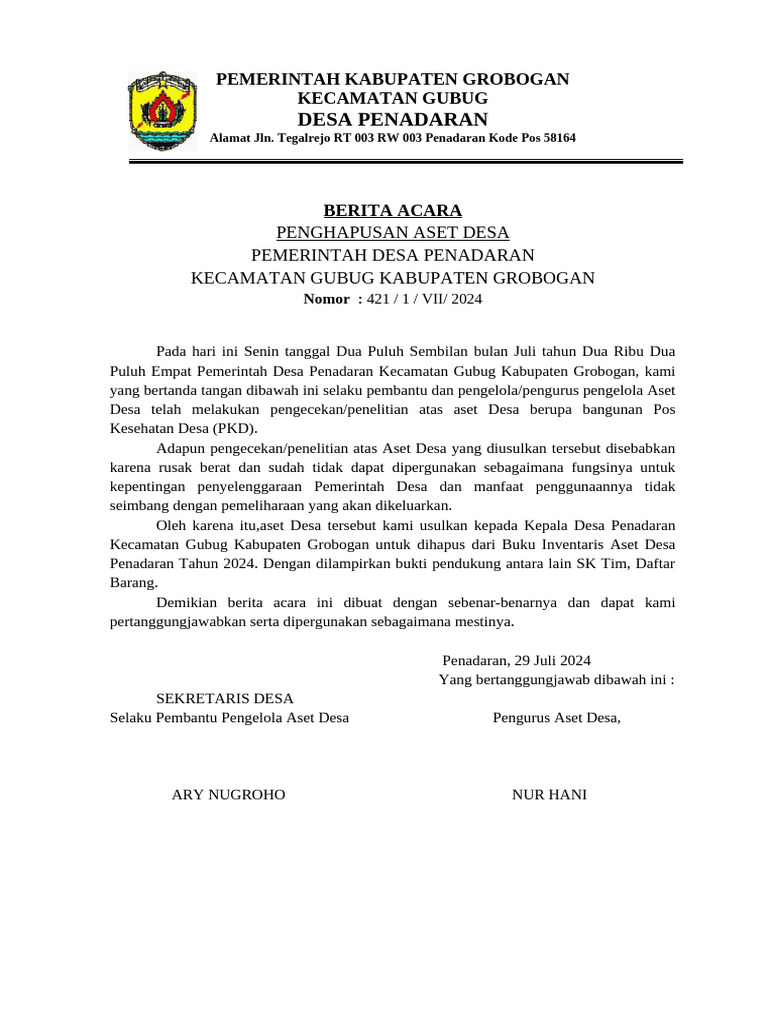 2024. No.1 Berita Acara Penghapusan Aset Desa PKD | PDF