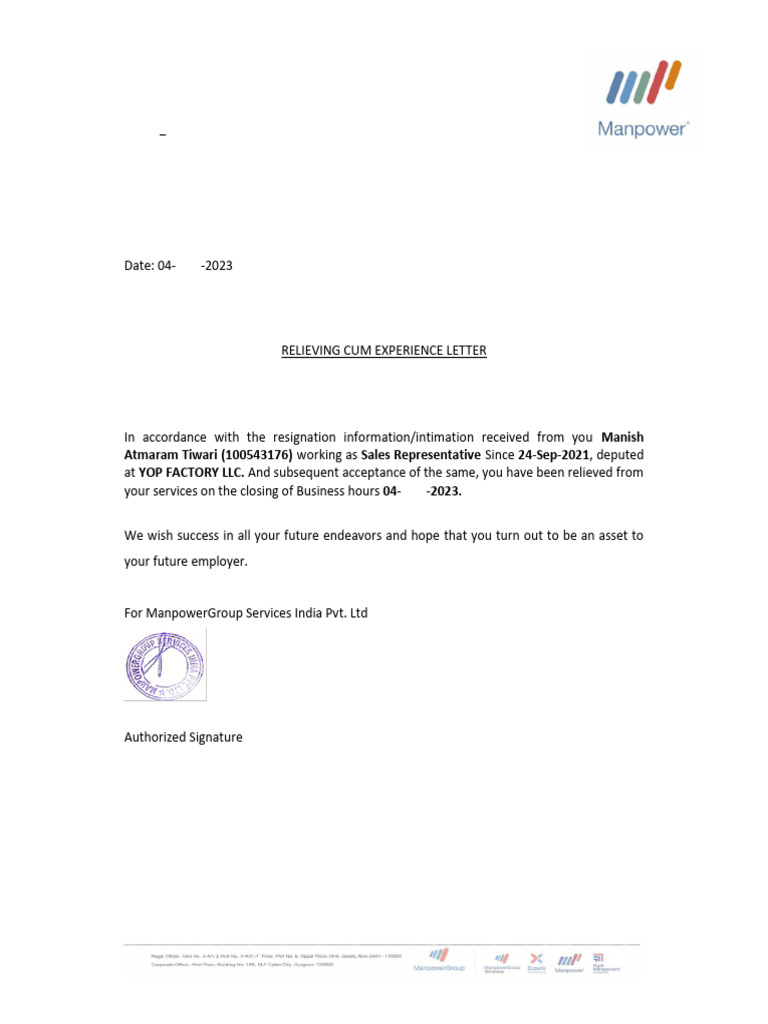 Experience Letter_Manish Tiwari | PDF