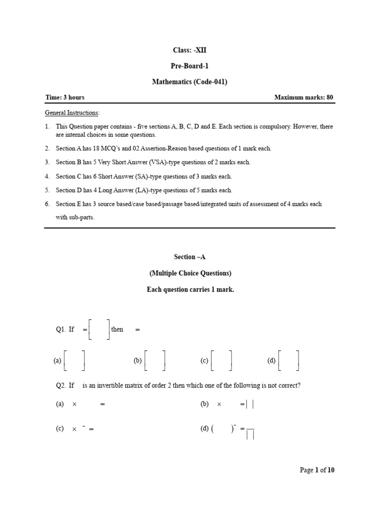 Class XII Pre-Board 1 - 2023 - 24 | PDF | Equations | Function (Mathematics)