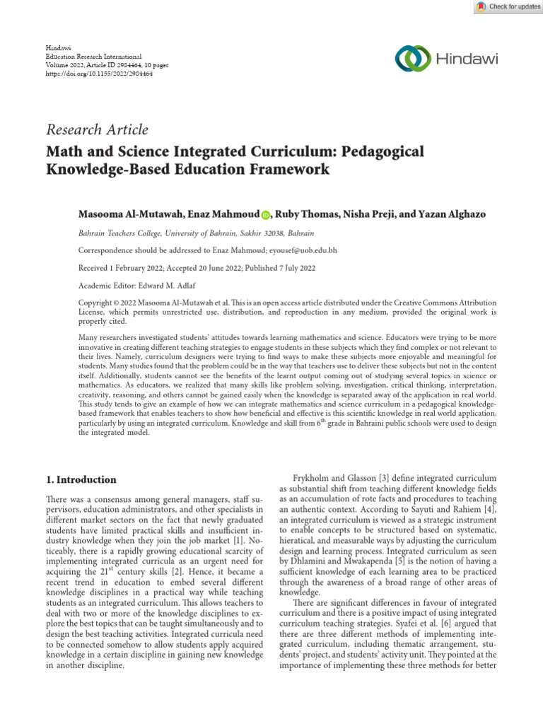 Education Research International - 2022 - Al-Mutawah - Math and Science Integrated Curriculum ...