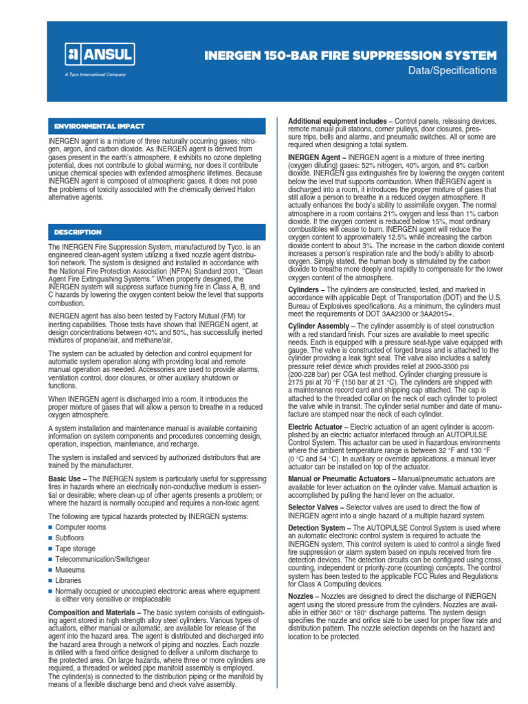 INERGEN Fire Suppression System Overview | PDF | Oxygen | Valve