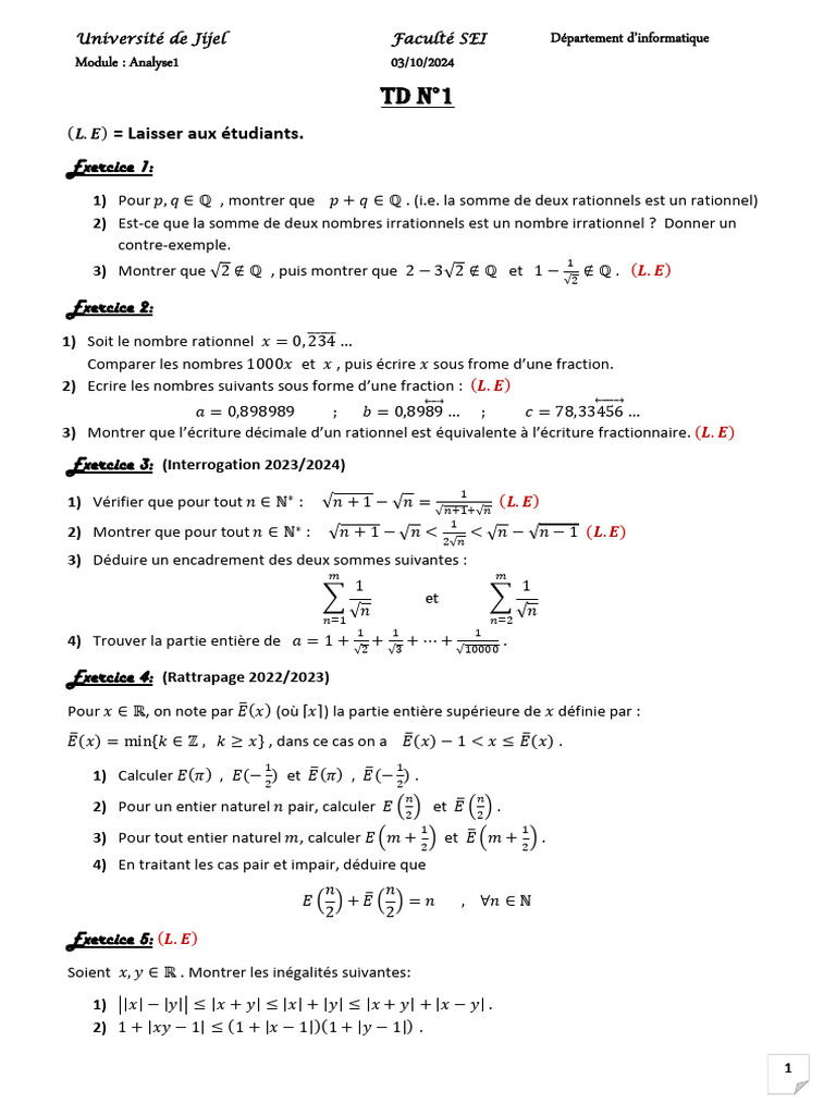 TD N°1 | PDF | Nombre rationnel | Analyse complexe