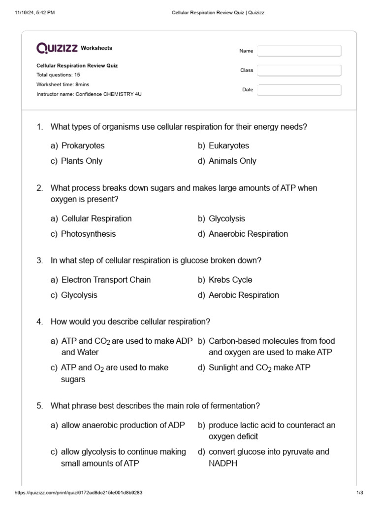 Cellular Respiration Review Quiz - Quizizz 5 | PDF | Cellular ...