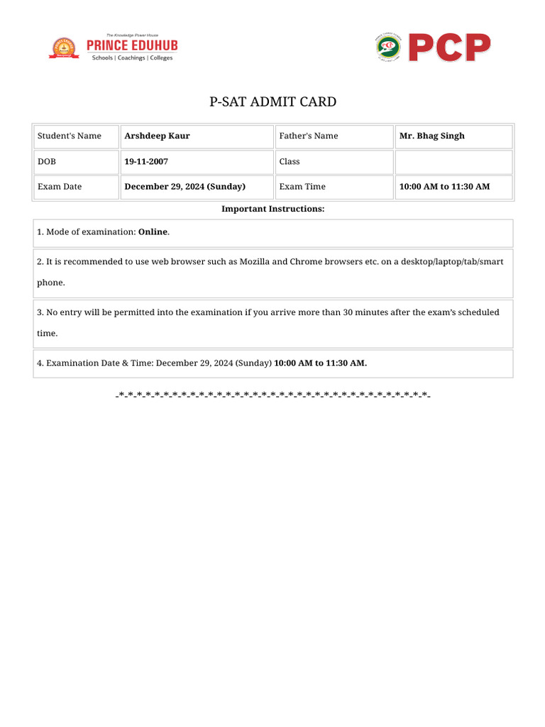 Pcp Admit Card | PDF