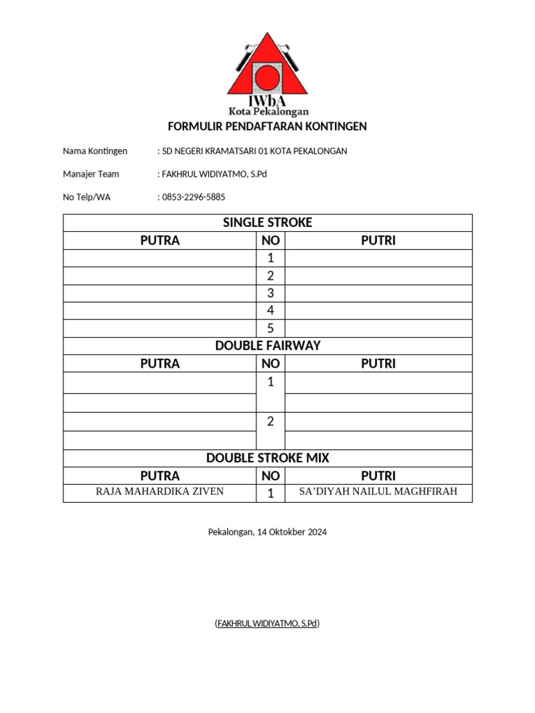 Formulir Pendaftaran Atlet Popda Woodball (Fix) | PDF