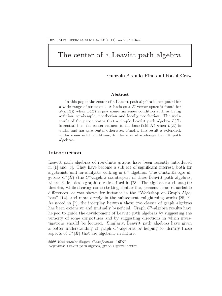 The Center of A Leavitt Path Algebra | PDF | Ring (Mathematics ...