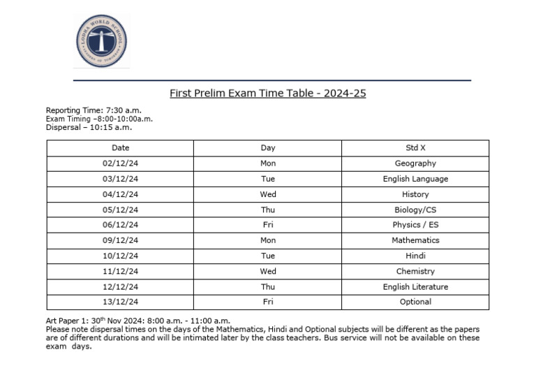 Prelim 1exam Time Table 2024-25 | PDF
