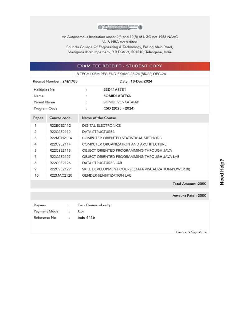 B.Tech Exam Fee Receipt 2023-24 | PDF