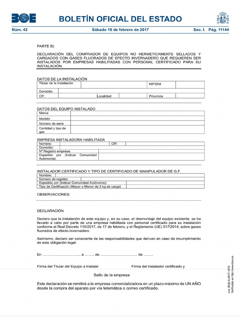 Declaraci N Comprador Instalaci N BOE | PDF