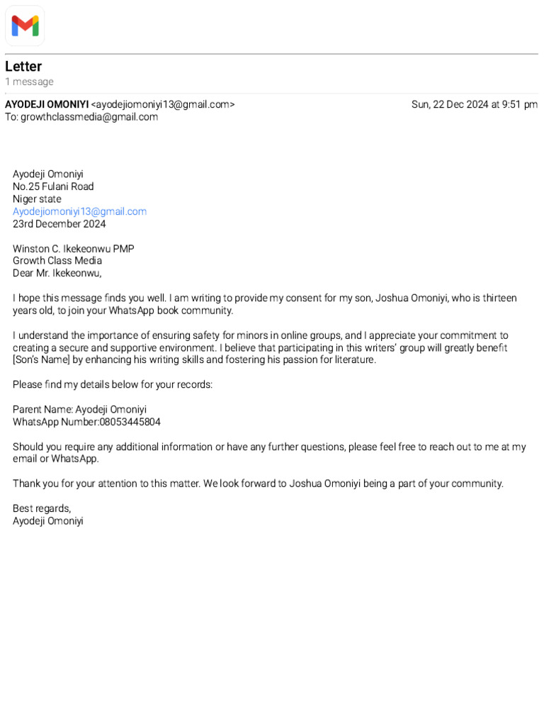 Gmail - Letter | PDF