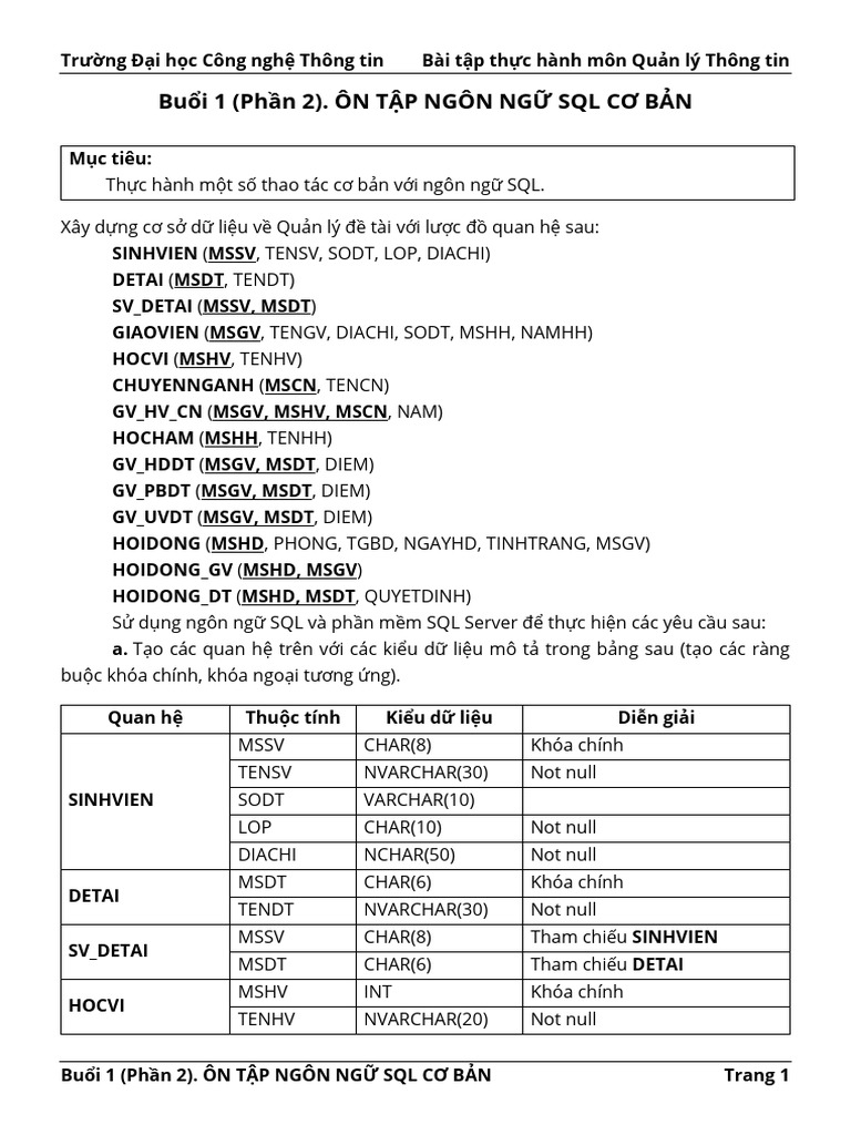 Buổi 1 (Phần 2) - Ôn tập ngôn ngữ SQL cơ bản | PDF