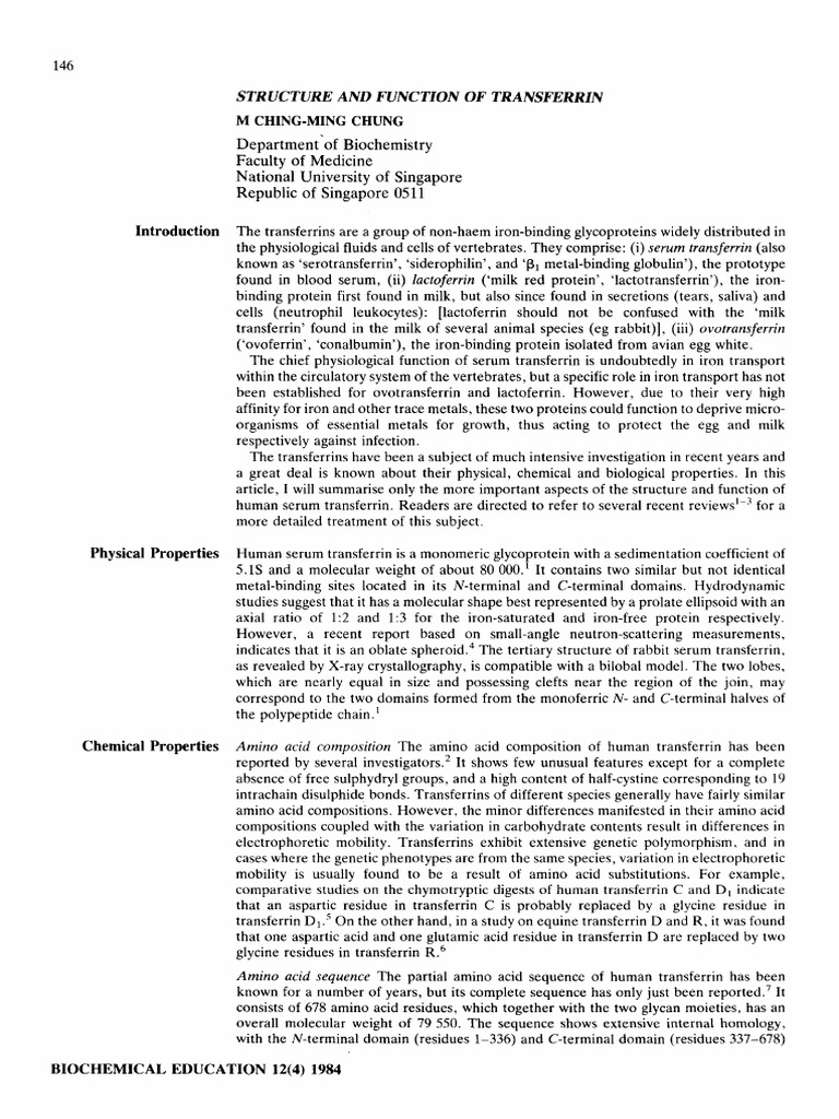 Structure and Function of Transferrin | PDF | Iron | Ion