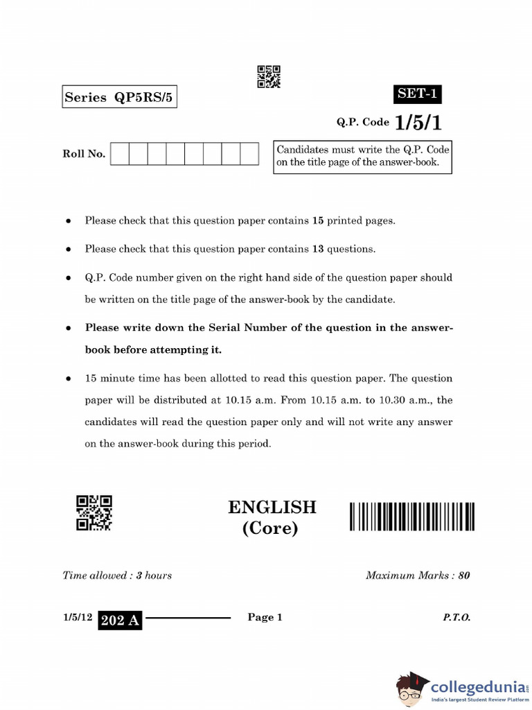 CBSE Class 12 English Question Paper 2024 Set 1 1 5 1 | PDF