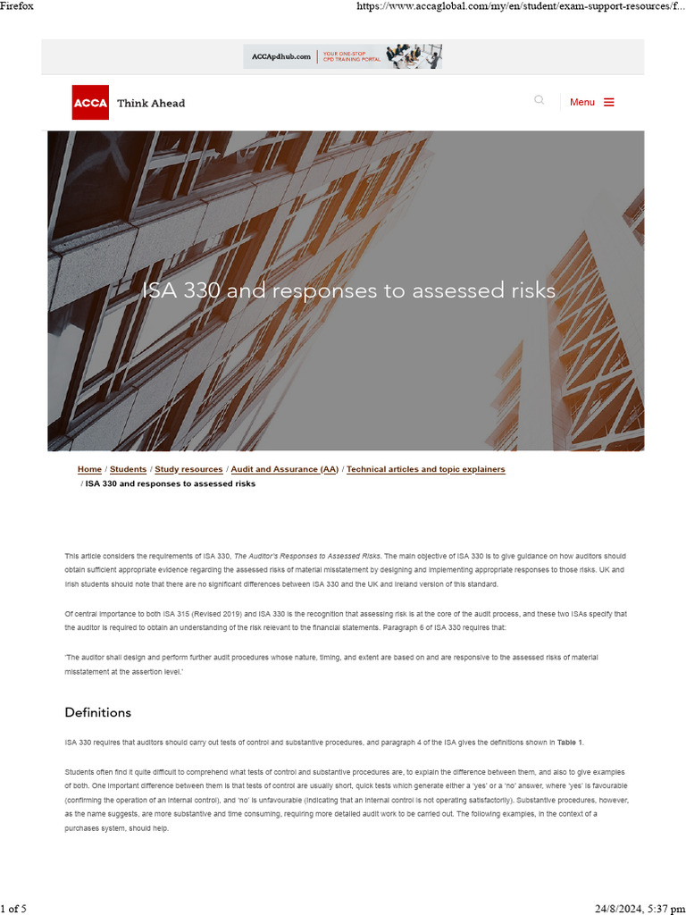 ISA 330: Auditor Responses to Risks | PDF | Audit | Internal Control