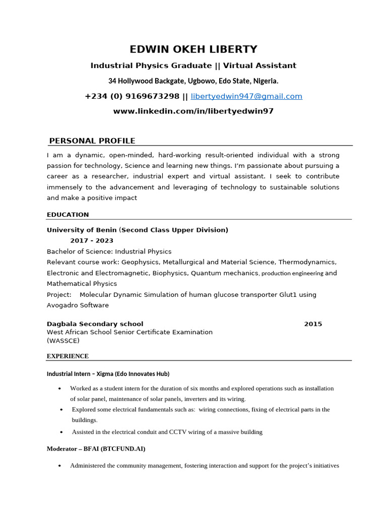 Liberty Edwin Resume (1) | PDF | Physics