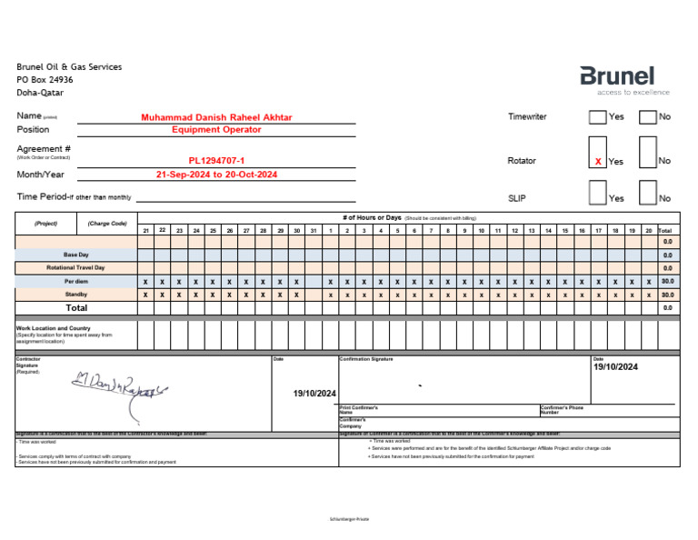 Brunel New Timesheet_ Operator 21st Sep 2024 to 20 Oct 2024_danish[1]-1 | PDF