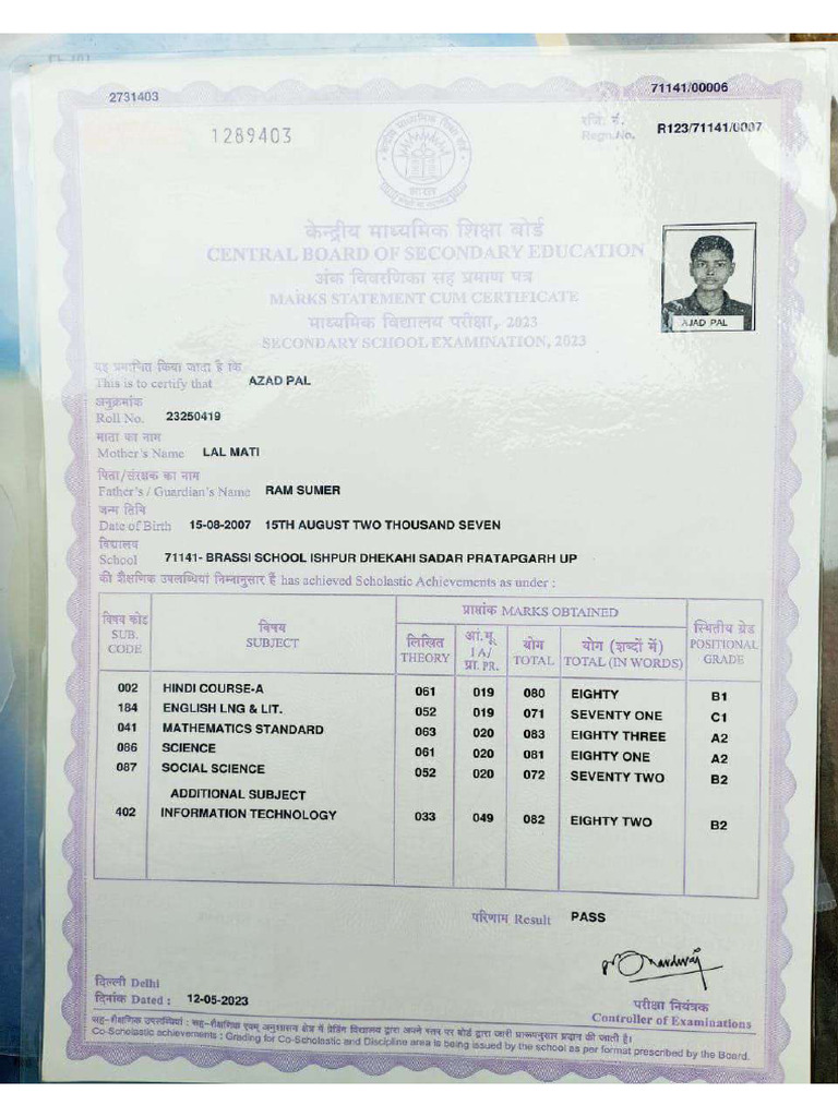 Azad Classx Marksheet | PDF