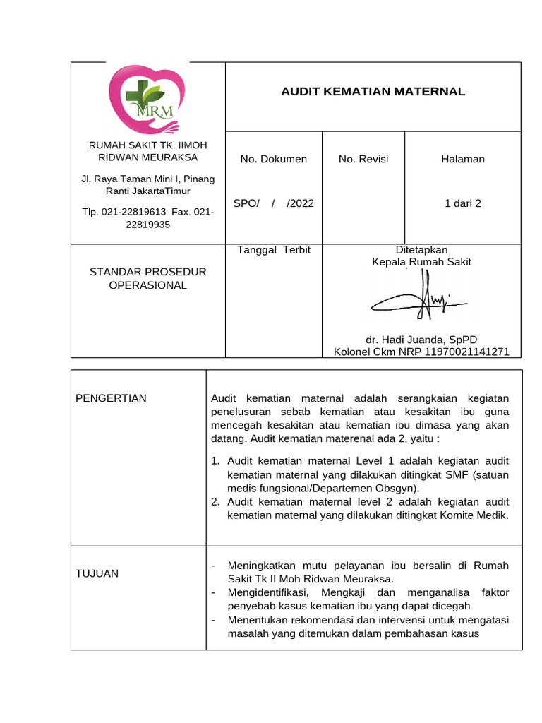 Audit Kematian Maternal RS Moh Ridwan | PDF