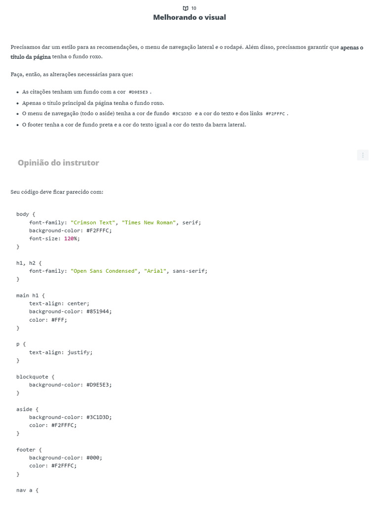 HTML5 e CSS3 I - Aula 3 - Atividade 10 Melhorando o Visual - Alura ...