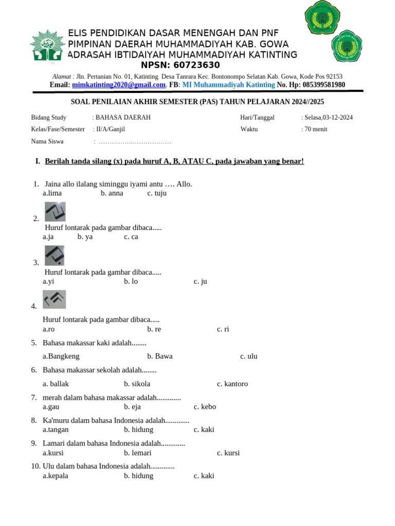 Soal PAS Bahasa Daerah MI Katinting | PDF