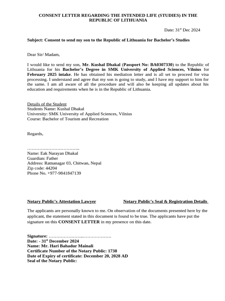 Consent Letter Regarding The Intended Life | PDF