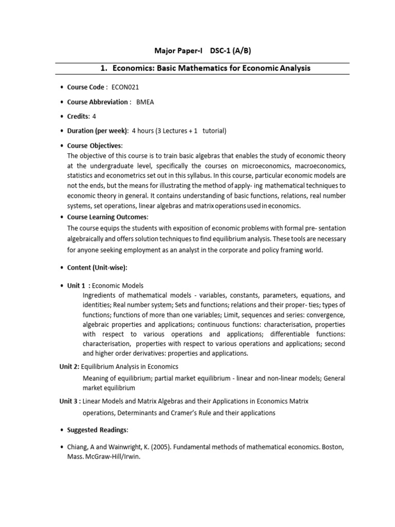 Major Paper-1-ECO-Basic Mathematics For Economic Analysis | PDF | Economics | Mathematics