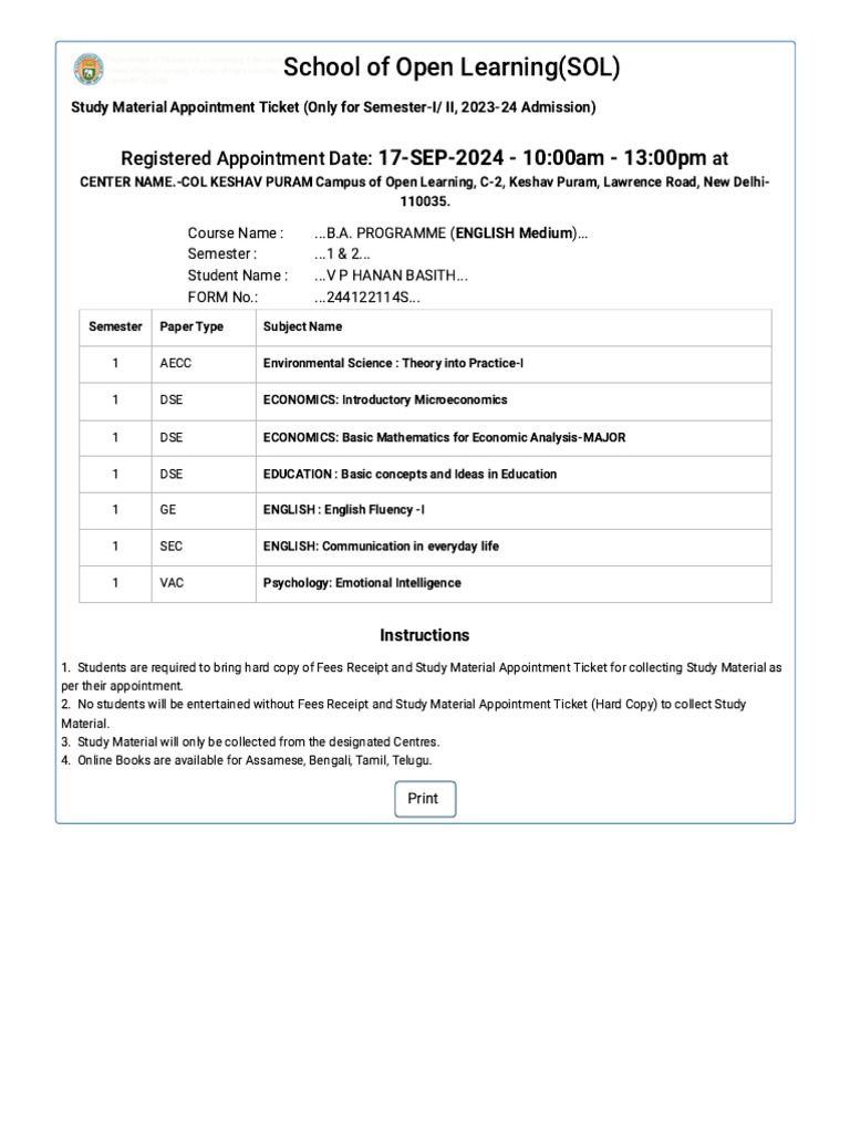 SOL Study Material Appointment Ticket | PDF