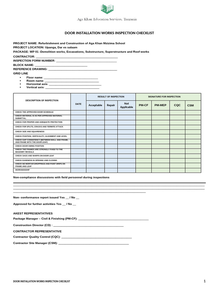 Door Installation Inspection Checklist | PDF | Door | Civil Engineering