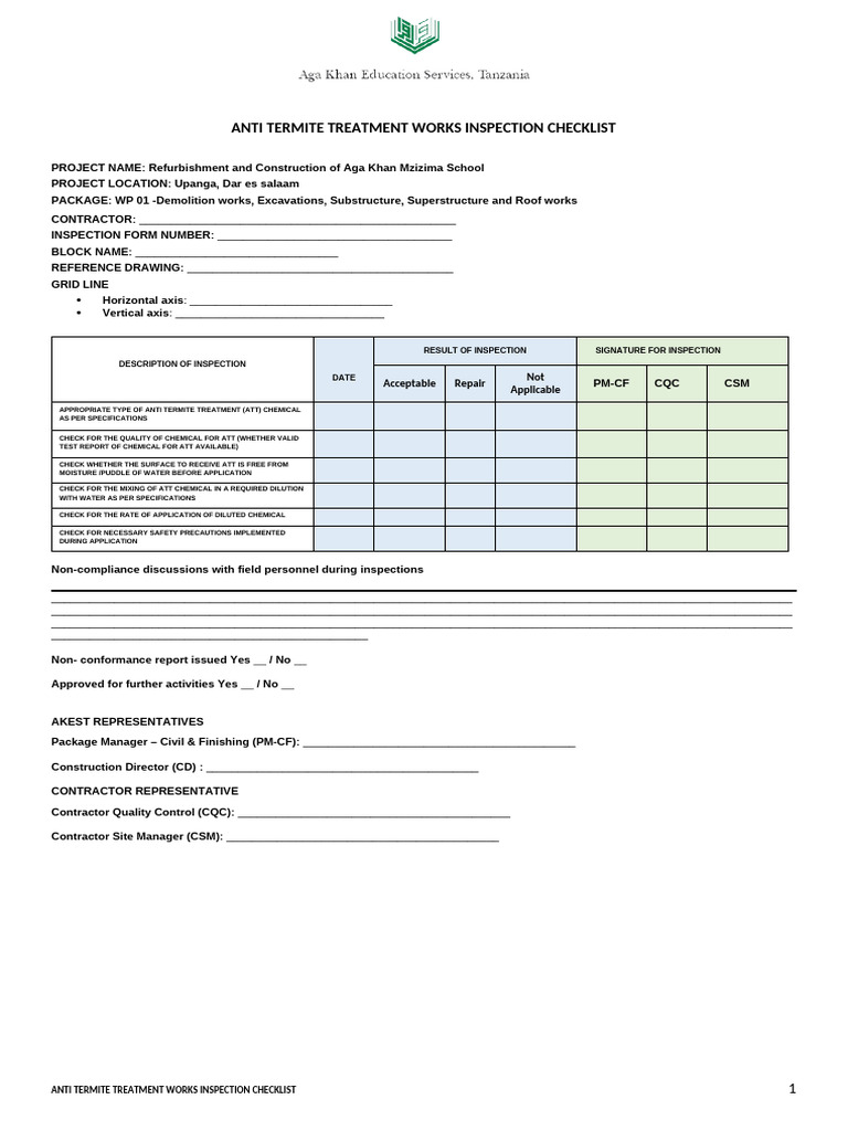 Inspection Checklist Form For Anti Termite Treatment (ATT) Work | PDF