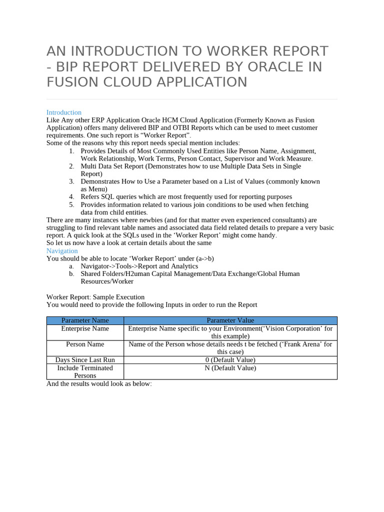 An Introduction To Worker Report - Bip Report Delivered by Oracle in ...