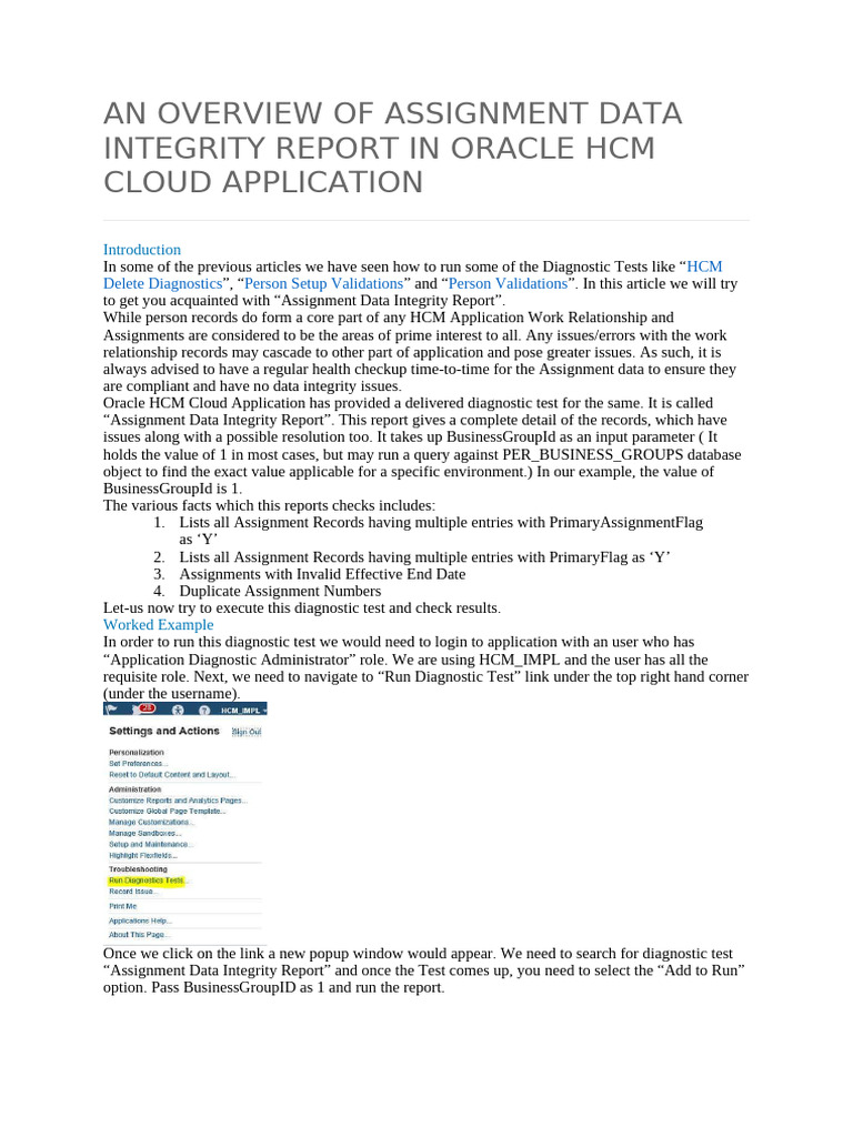 An Overview of Assignment Data Integrity Report in Oracle HCM Cloud Application | PDF ...