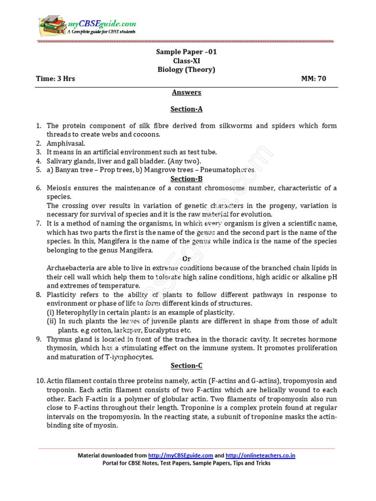 2017 11 Sample Paper Biology 01 Ans Iurwi | PDF | Actin | Biochemistry