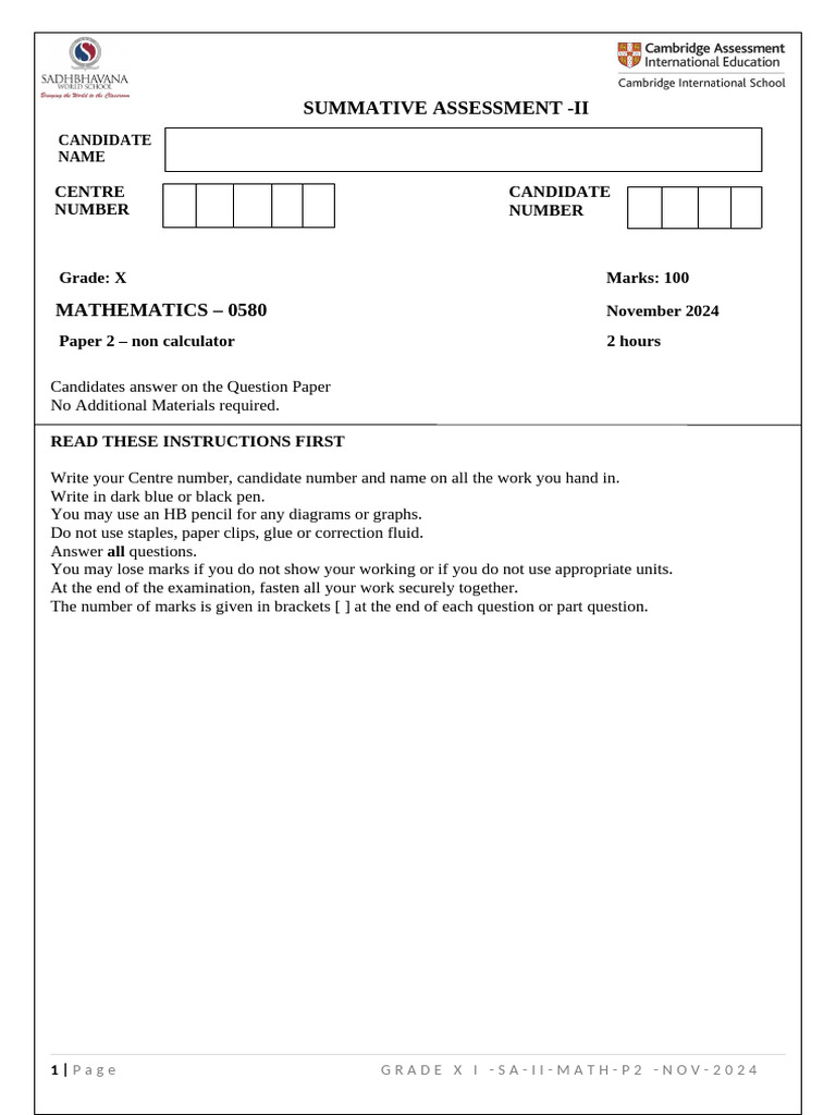 CAIE-SA2 Grade X Math P2 | PDF