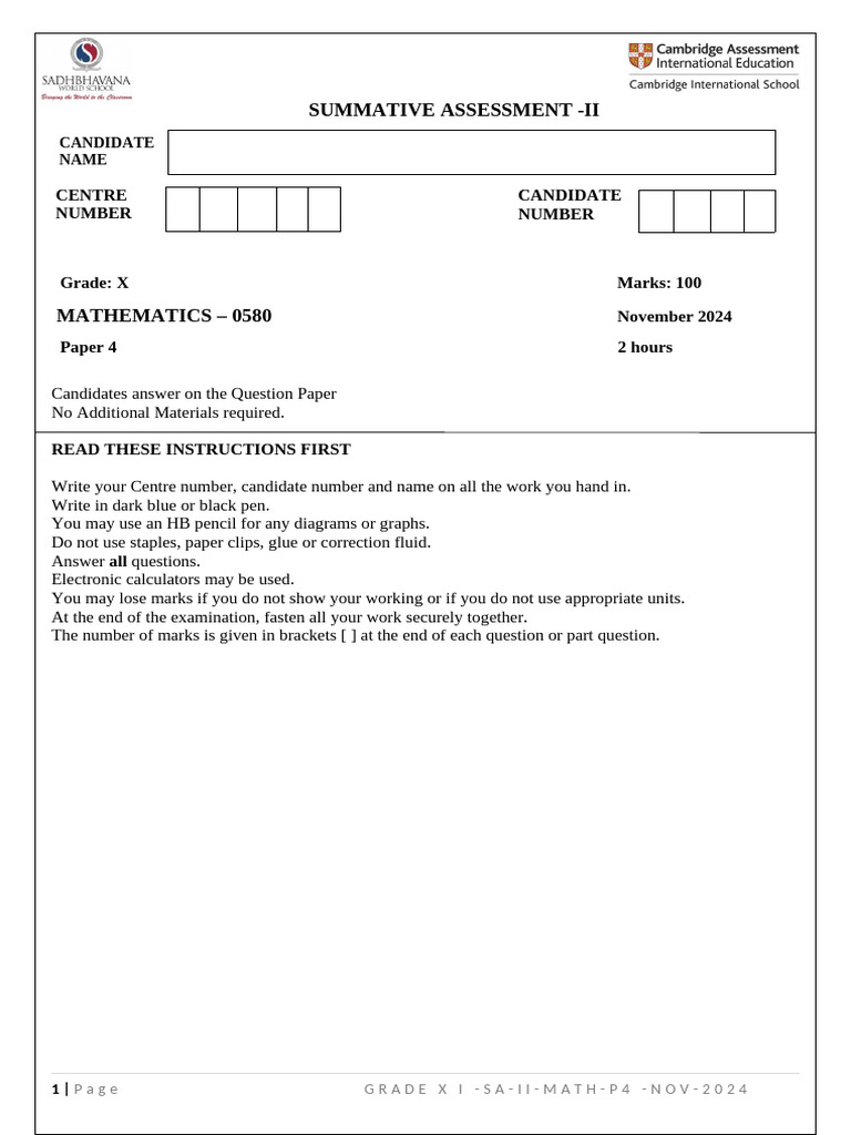 CAIE-SA2 Grade X Math P4 | PDF