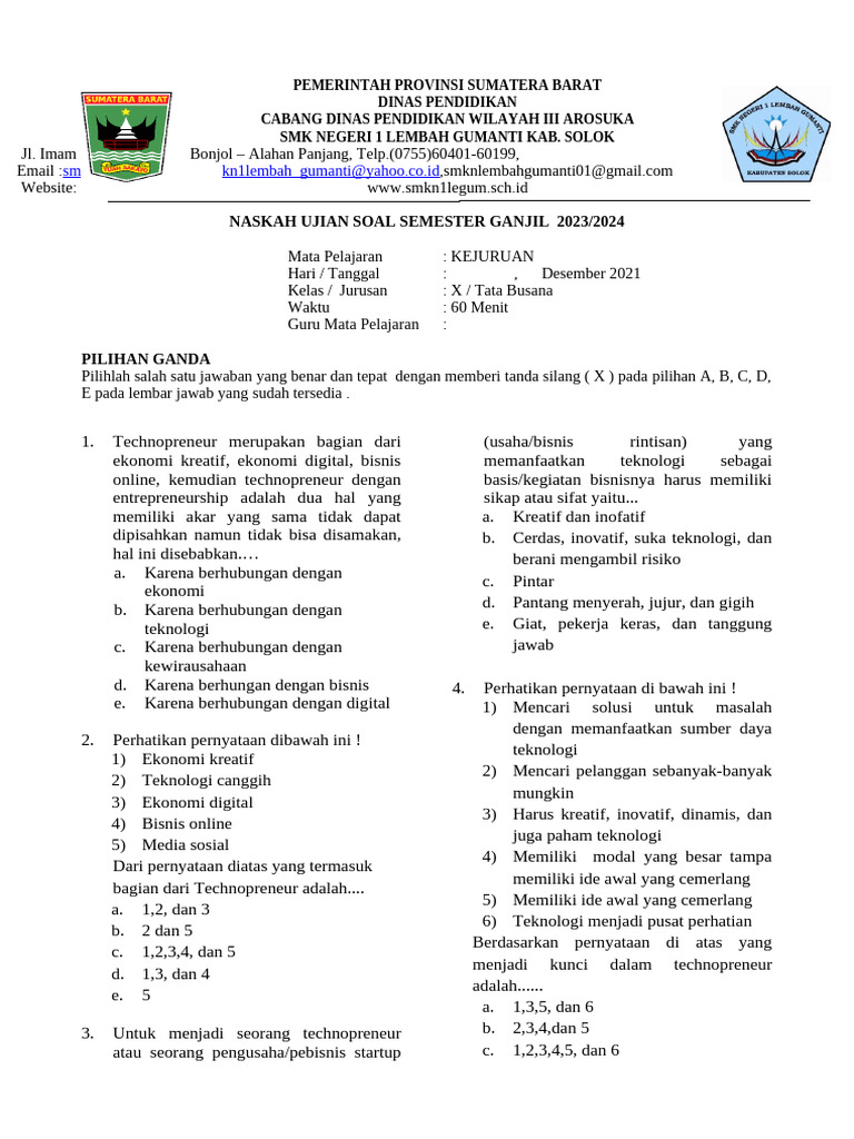 Soal DDK Kejuruan X Busana | PDF