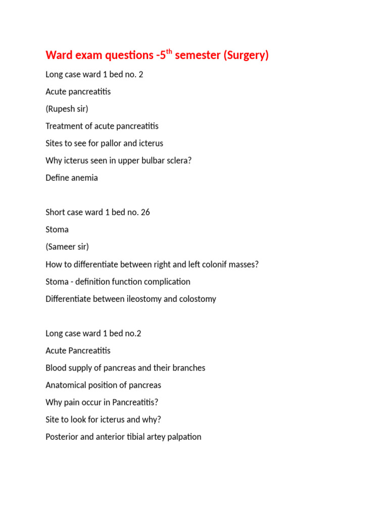Ward Exam Questions Surgery | PDF | Breast Cancer | Medical Specialties