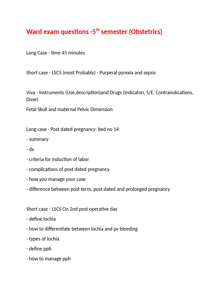 Ward Exam Questions Obstetrics | PDF