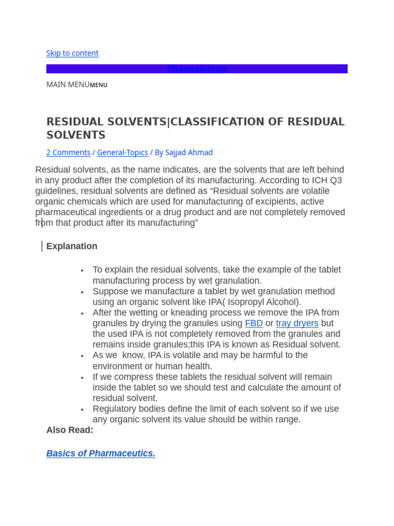 Residual solvents | PDF | Solvent | Tablet (Pharmacy)