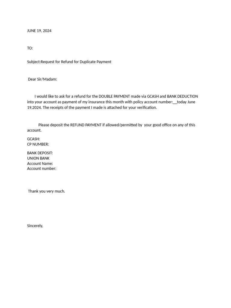 Refund Request for Duplicate Payment | PDF