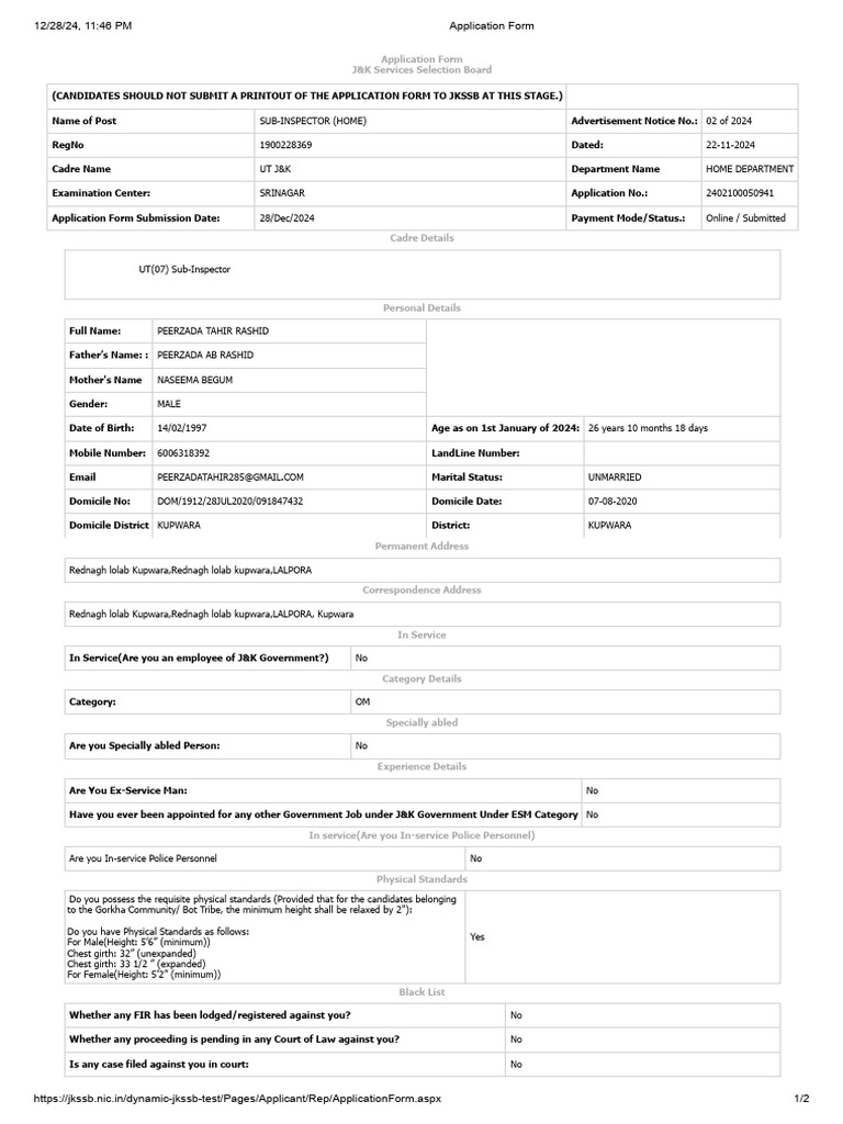 J&K Sub-Inspector Application Form | PDF | Justice | Crime & Violence